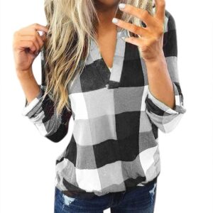 yangsale top casual plaid blouse women cotton sweatshirt long sleeve shirts women's v-neck fall sweaters pullover tops white