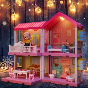 elf lab dollhouse building toys, princess doll house, playset with lights, furniture, accessories and dolls, cottage pretend doll house set, creative present for girls toddlers (4 rooms)