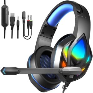 donerton gaming headset, over-ear gaming headphones with noise canceling mic, stereo bass surround sound, led light, soft memory earmuffs ps4 gaming headset compatible with pc, laptop,tablet