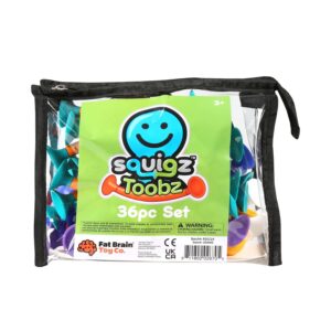 fat brain toys squigz toobz set - 36 piece fidget tubes suction cup toys, bpa free silicone sensory toys for girls and boys - includes zippered storage bag