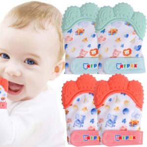 nepak teething mitten 2 pairs-baby glove stimulating teether toys for boys & girls-teething glove for child (cartoon puppet,coral and mint colours)