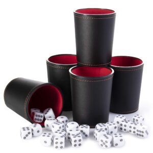 5 leather dice cups and 25 bullseye dice by bullseye game night | classic dice for farkle, liar's dice, bunco | black and red