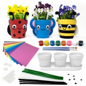 pinwheel crafts flower pot kit - set comes with 3 planters, 8 paints, 2 brushes & much more - paint your own pot set garden kit for kids - arts and crafts for kids ages 4-8 (original)