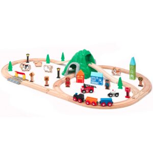 maxim 50pc mountain train set set for toddler with double-side train tracks fits brio, thomas, melissa and doug, kids wood toy train for 3,4,5 year old boys and girls