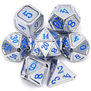 haxtec metal dnd dice set silver w/ gift metal case d&d polyhedral dice for dungeons and dragons ttrpg-silver blue numbers