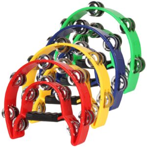 4 pack 9" double row tambourine metal jingles hand held percussion drum, half moon musical tambourine, plastic musical percussion tambourines music rhythm for ktv, party, multicolor