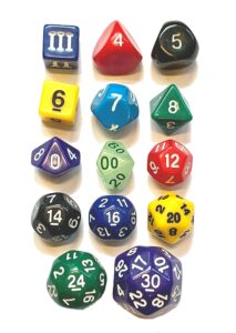 impact! miniatures rainbow - 14 unusual dice set approved for use with dungeon crawl classics (dcc)