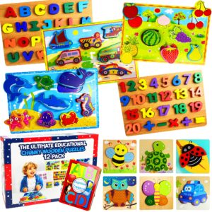 12 pack premium chunky wooden puzzles for toddlers ages 2-4 - toddler learning toys for boys & girls - alphabet, numbers, fruits, sea life, vehicles, animals - jigsaw peg puzzles for kids - value set