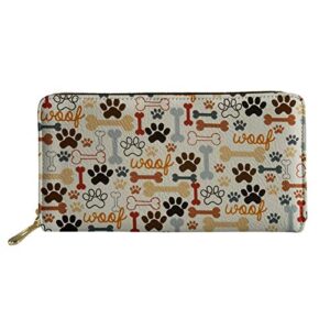 brown red bone with dog paw printed women travel wallet, pu leather purse coin bag, lovely id card holder for women