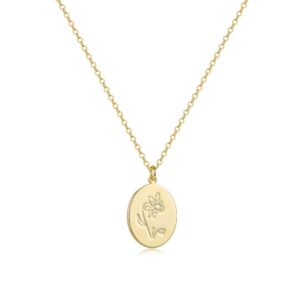 fremttly oval coin pendant necklace 12 month birth flower disc necklace 14k real gold dainty personalized gift -3-daffodil