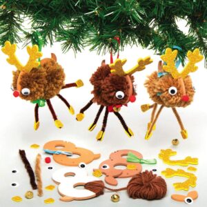 baker ross ax316 festive reindeer pom pom tree decoration kits - pack of 3, homemade christmas ornaments for kids arts and crafting activities