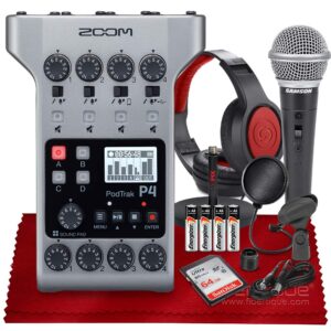 zoom podtrak p4 the ultimate recorder for podcasting with 64gb memory card, samson r21s dynamic microphone, samson sr360 over-ear dynamic stereo headphones, and essential accessories bundle