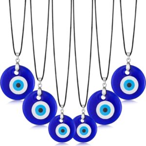 6 pieces evil eye pendant necklace turkish blue eye necklace for jewelry glass gift eye leather rope chain necklace for women men accessory (round style,1.2 inch, 1.4 inch)