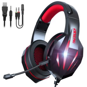 tyuobox gaming headset with microphone for ps4, xbox one, pc, over ear headphones with mic, wire, noise cancelling led light, bass surround for playstation nintendo ps3 games (black red)