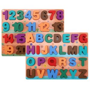 wooden alphabet and number puzzles (2 pack), toddler puzzles toys, educational learning toy for kids boys and girls and preschoolers, color recognition, motor skills matching game