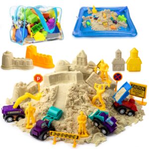 play sand for kids, 3lbs magic sand, building castle sand molds tools, construction trucks, construction toys and signs, sand tray and storage bag, 43pcs sandbox toys set for toddlers kids boys grils