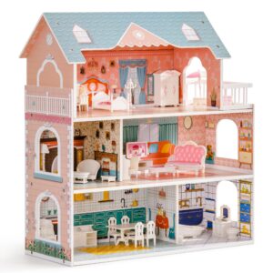 robud wooden dollhouse for kids girls, toy gift for 3 4 5 6 years old, with furniture