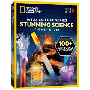 national geographic stunning chemistry set - mega science kit with 100+ easy experiments- make a volcano and launch a rocket, stem projects for kids ages 8-12, science toys (amazon exclusive)