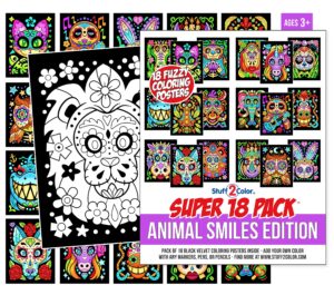 stuff2color super pack of 18 fuzzy velvet coloring posters (animal smiles) - arts & crafts for girls and boys - great for after school, travel, planes, group activities, and coloring with friends