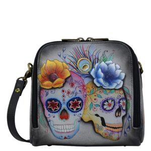 anuschka women’s genuine leather zip around travel organizer - hand painted exterior - calaveras de azúcar