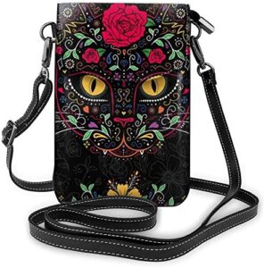 day of the dead kitty cat sugar skull women soft pu leather cellphone purse wallet handbag small crossbody shoulder bag