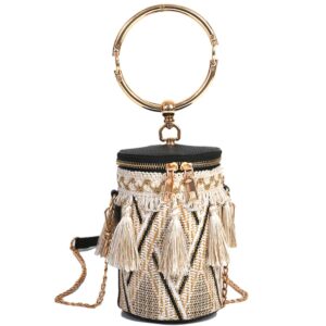 connaissize tassels woven bucket bag, crossbody bag for women, fashion handbag and purses, bag with chain strap