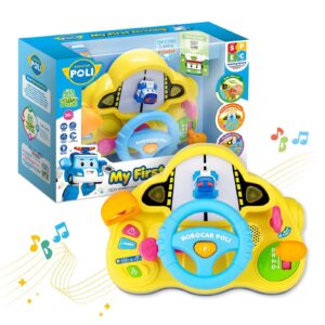 robocar poli steering wheel toy, musical pretend play driving toy for baby driver, my first driving educational turn and learn toy, simulation racing wheel toy for preschool kid toddler age 1-3