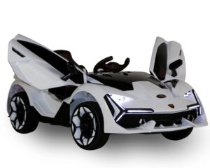 first drive lambo concept 12v car for kids to drive for boys/girls - dual motor electric power ride on car with remote, mp3, aux cord, led headlights, and premium wheel (white)