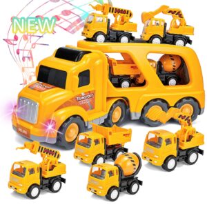 construction truck toys set for 1 2 3 4 years old toddlers kids boys and girls, car carrier vehicle set toy with sound and light, vehicles transport truck carrier toy, crane mixer dump excavator toy