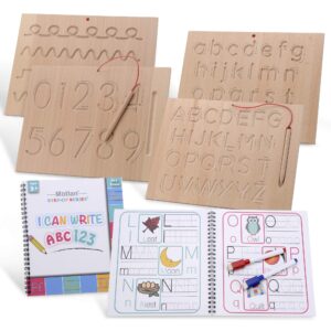 motlan montessori wooden alphabet & numbers tracing board w/dry erase book bonus | wood letter tracing- 2 double-sided boards - for toddlers and preschool