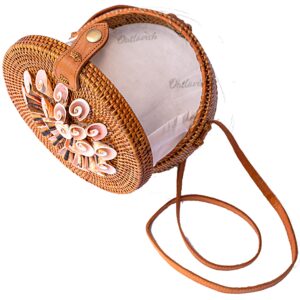 rattan bags round purse wicker for women cross body shoulder shelled summer beach handbags (20cm diameter, brown)