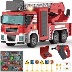 building fire truck toys - 95 pcs diy assembly fire truck stem toy with drill, push & go friction power lights & sounds for kids- take apart vehicle fire trucks for boys ages 4 5 6 7 8 years old