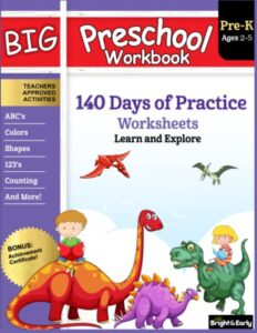 big preschool workbook: ages 2-5, 140+ worksheets of prek learning activities, fun homeschool curriculum, help pre k kids math, counting, alphabet, colors, size & shape, 2-4 dinosaur kindergarten prep