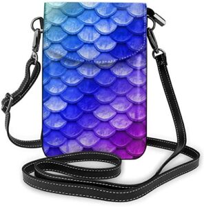 colorful rainbow mermaid scales blue women soft pu leather cellphone purse wallet handbag small crossbody shoulder bag