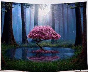 amiiba magical cherry tree wall tapestry psychedelic forest and moon tapestry wall hanging moonlight romantic home decoration for bedroom living room (cherry, m - 59"x51")