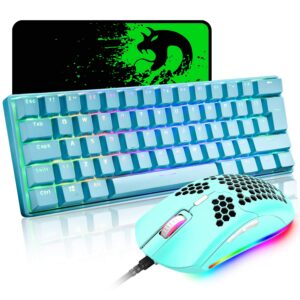 mechanical gaming keyboard and lightweight honeycomb mouse combo with rainbow rgb backlit full anti-ghosting 61 key ergonomic programmable mice wired usb for laptop pc gamer typist(blue/blue switch)