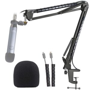 ember microphone stand with pop filter - mic suspension boom scissor arm stand with windscreen, cable sleeve compatible with blue ember mic by youshares