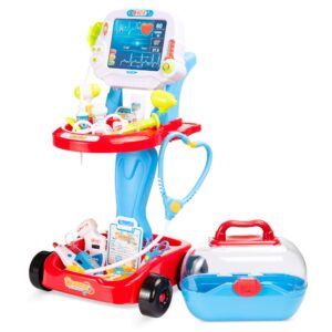 best choice products play doctor kit for kids, pretend medical station set for boys & girls with carrying case, 17 accessories mobile cart, led ekg, thermometer, stethoscope, pulse machine - blue