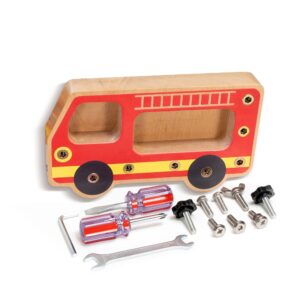 montessori screwdriver set with bolt board. toddler tool set with real tools for kids who love fire truck toys. wooden montessori toys for 3, 4, 5 year olds. fine motor toy for preschool learning.