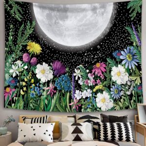 mchatte moonlit garden tapestry moon tapestry for bedroom full moon surrounded by plants and flowers black room decor aesthetic floral moon wall tapestry for teenager's home decor (82.7x59 inches)