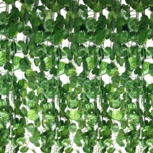 guagb 12 strands artificial vines - fake ivy silk leaves - faux green garland hanging vine for room wall kitchen office garden home wedding party decor