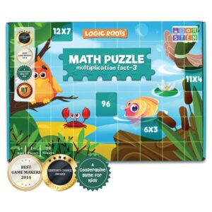 logic roots math puzzle for kids - multiplication table 10-12 practice, fun stem toy for 7-8 year olds, 4 foam puzzles with 10 pieces each, learning gift for kids, homeschoolers, grade 1 and up