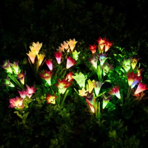 gigalumi solar flower gift, gifts for mom, 8 solar lily flower, solar landscape light, birthday gifts for family and friends, grandma gifts, mother's day gifts,(1 purple, 1 red