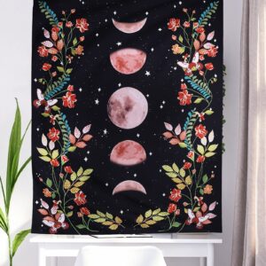 moonlit garden tapestry boho wall tapestry aesthetic moon phase tapestries with flower mandala wall hanging black wall decor for room(59 x 79 inches)