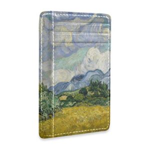 linomo thin leather card holder and money clip van gogh wheat field cypresses wallet rfid blocking for men & women