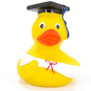 graduation diploma rubber duck bath toy | squeaker sound, child safe, gift, cake topper, part favor | collectable | 3.5” | imported from germany