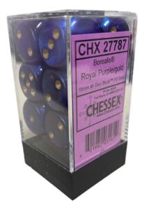 chessex borealis 16mm d6 royal purple/gold luminary dice block (12 dice) (27787)