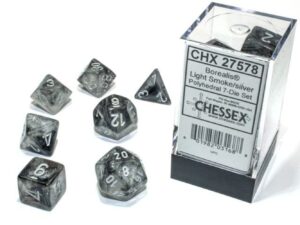 chessex polyhedral 7-die set - borealis light smoke / silver with luminary 27578 (chx27578) , grey