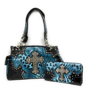 western rhinestone cross leopard concealed carry handbag with matching wallets in 3 colors (blue)