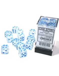 chessex borealis 16mm d6 icicle/light blue luminary dice block (12 dice) (27781)